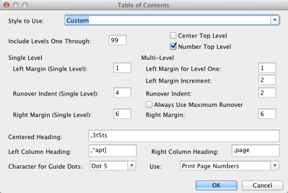 Generate Table of Contents Dialog